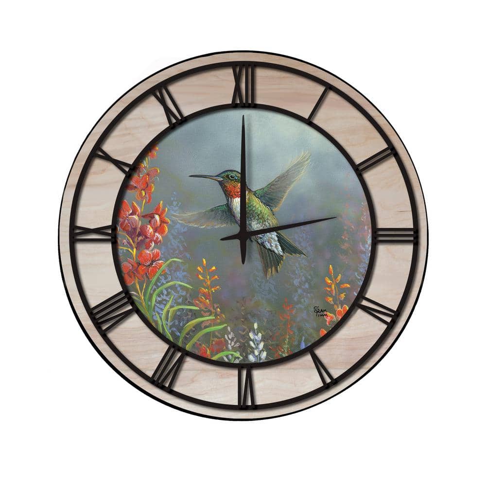 "Summer Hummer" Woodgrain Accent and Black Numbers Imaged Wall Clock CL ...