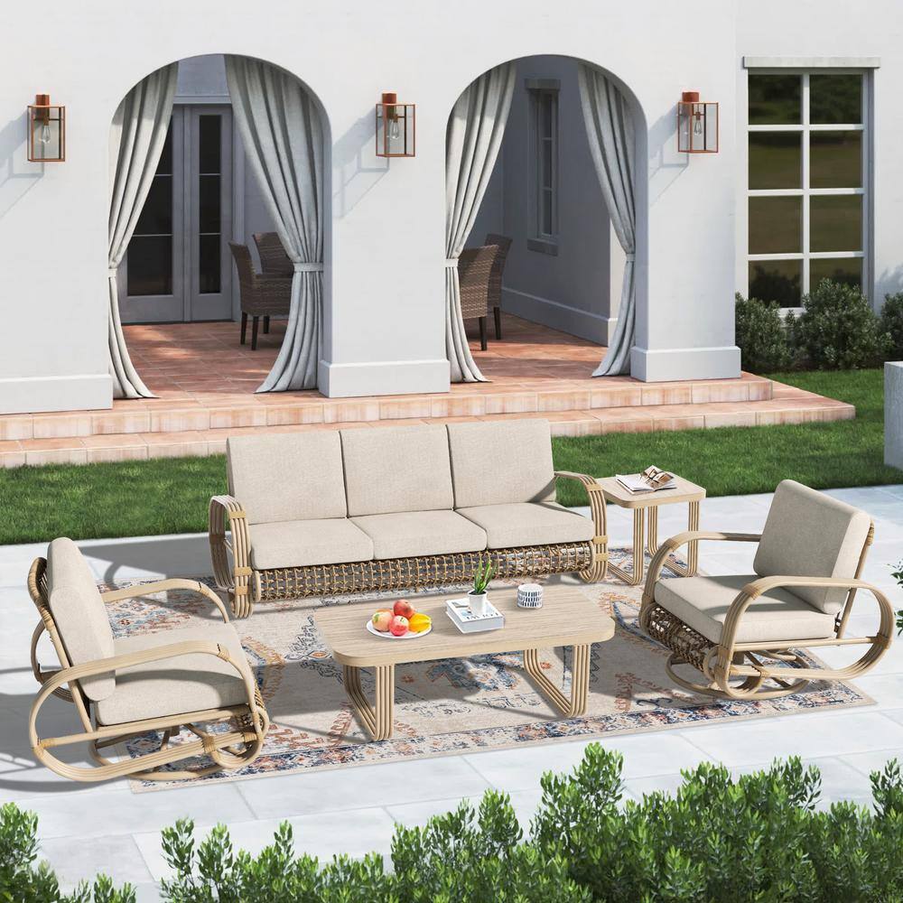 ULAX FURNITURE Arsterie 5-Piece Aluminum Outdoor Conversation Set with Beige Cushions HD-970448T ...