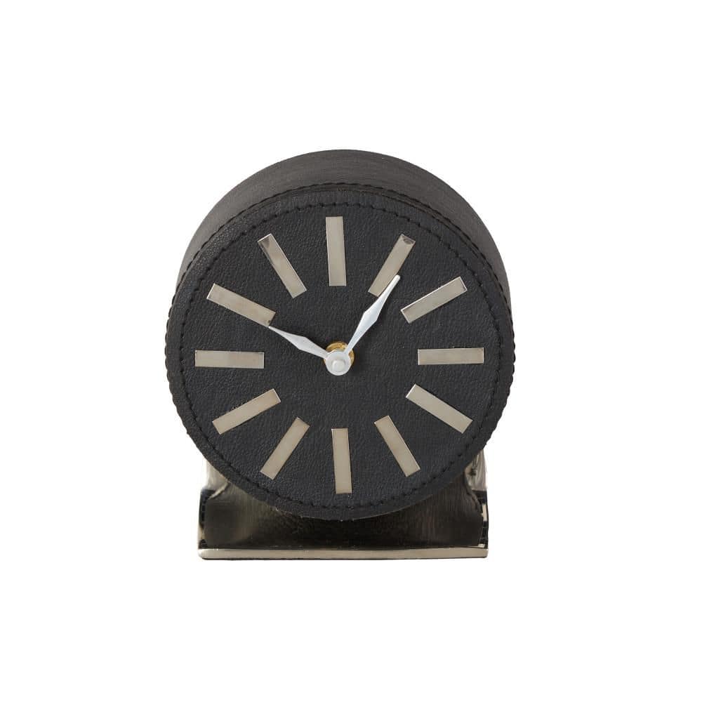 Litton Lane Black Faux Leather Round Clock with Silver Rectangular Base ...