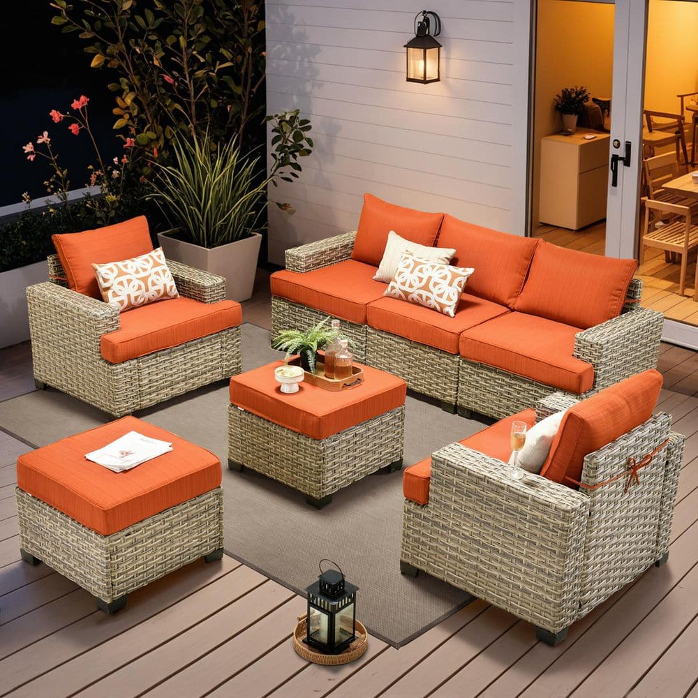 OVIOS Tiberty Gray 7-Piece Wicker Patio Conversation Seating Set with ...