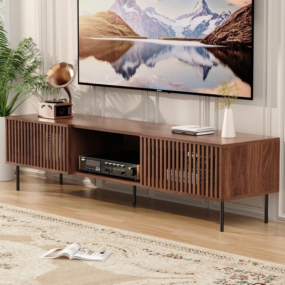 Hommpa Walnut TV Stand Fits TV's up to 80 in. With 2 Slat Doors and 1 ...