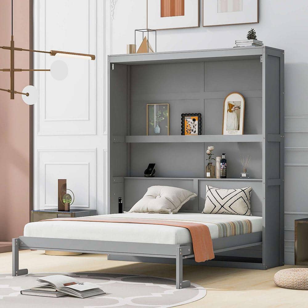 Polibi Gray Wood Frame Queen Murphy Bed with Shelves RS-0007033AAE - The Home Depot