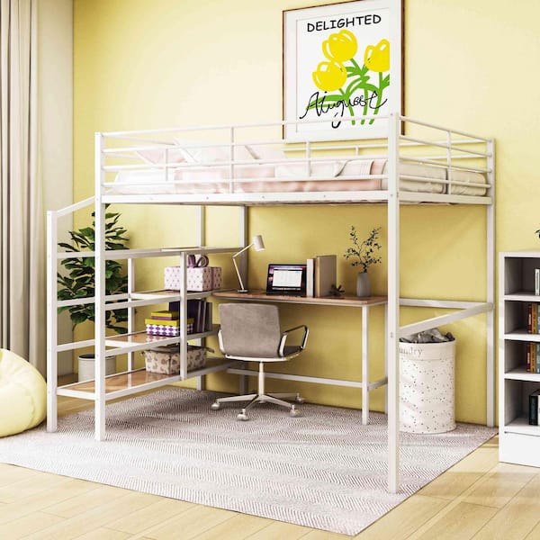 Polibi White Full Size Loft Bed with Desk and Lateral Storage Ladder RD14-20237AAK - The Home Depot