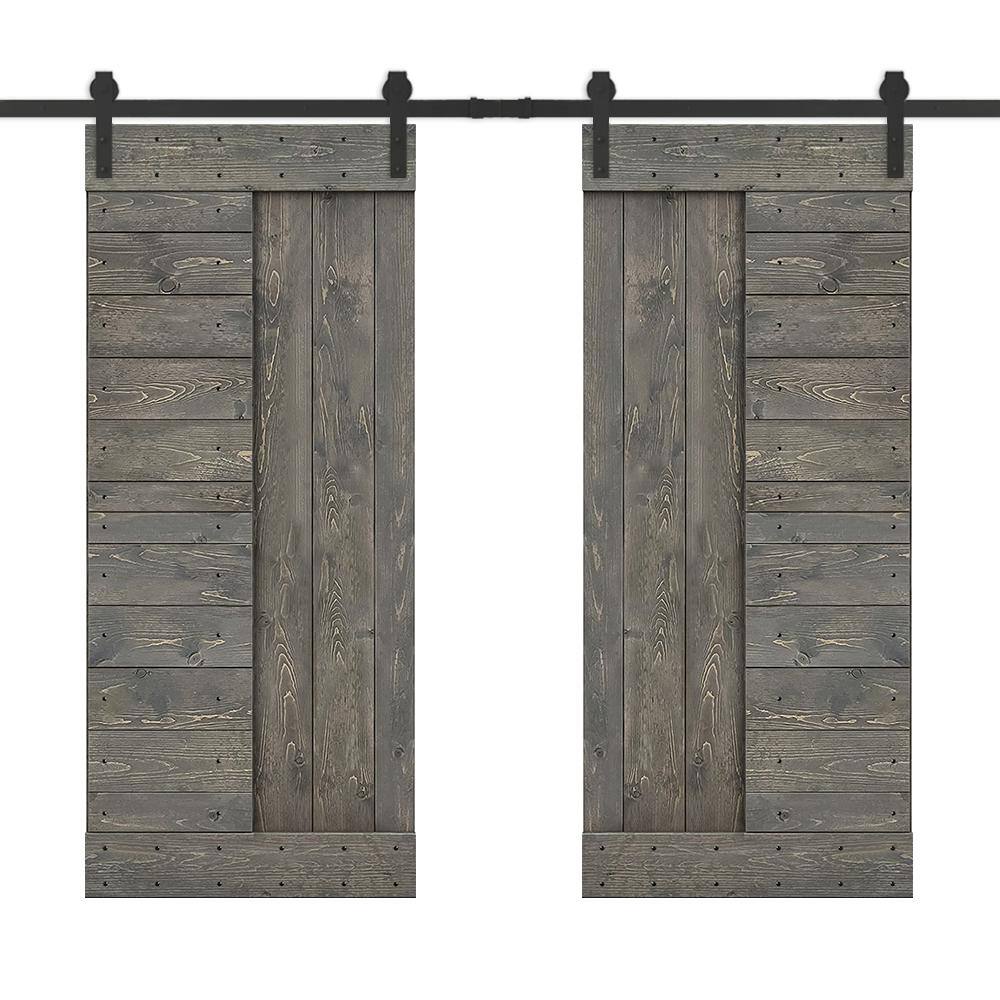 CALHOME 60 in. x 84 in. Weather Gray Stained DIY Knotty Pine Wood Interior Double Sliding Barn ...