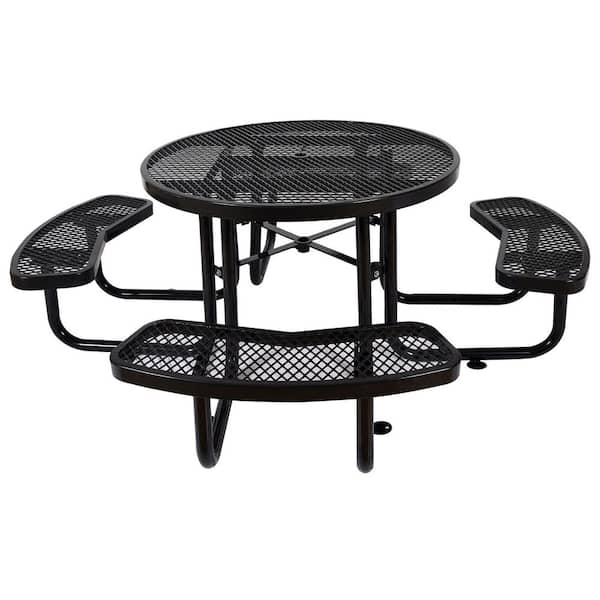 VAMOP 46 in. Black Round Outdoor Steel Picnic Table with umbrella pole ...