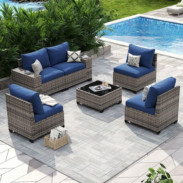 Sizzim Gray 6-Piece Patio Wicker Outdoor Patio Conversation Set with ...