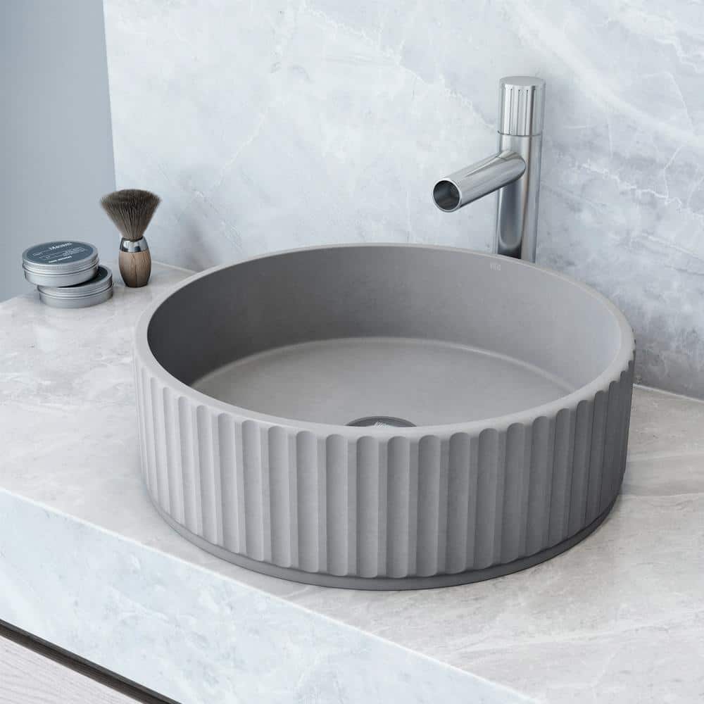 VIGO Windsor Gray Concreto Stone Round Fluted Bathroom Vessel Sink with ...