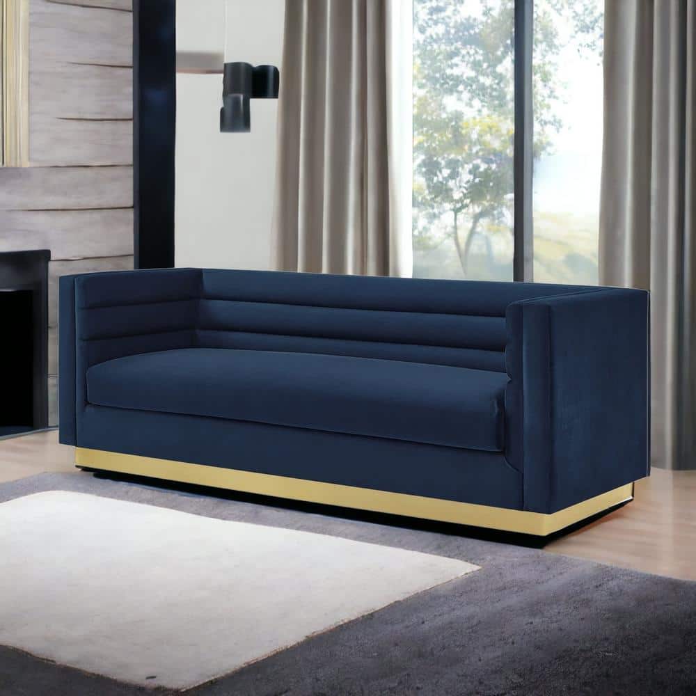 HomeRoots Amelia 84 in. Square Arm Velvet Rectangle Sofa in Navy Blue ...