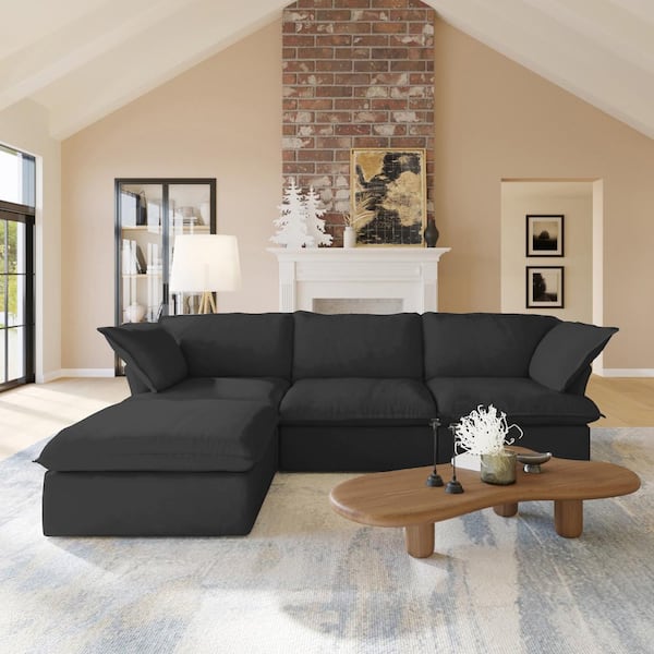 J E Home 120.45 in. Square Arm Linen Velvet 4 Piece L Shaped Free Combination Modular Sectional Sofa with Ottomans in. Black JE SF121BK L