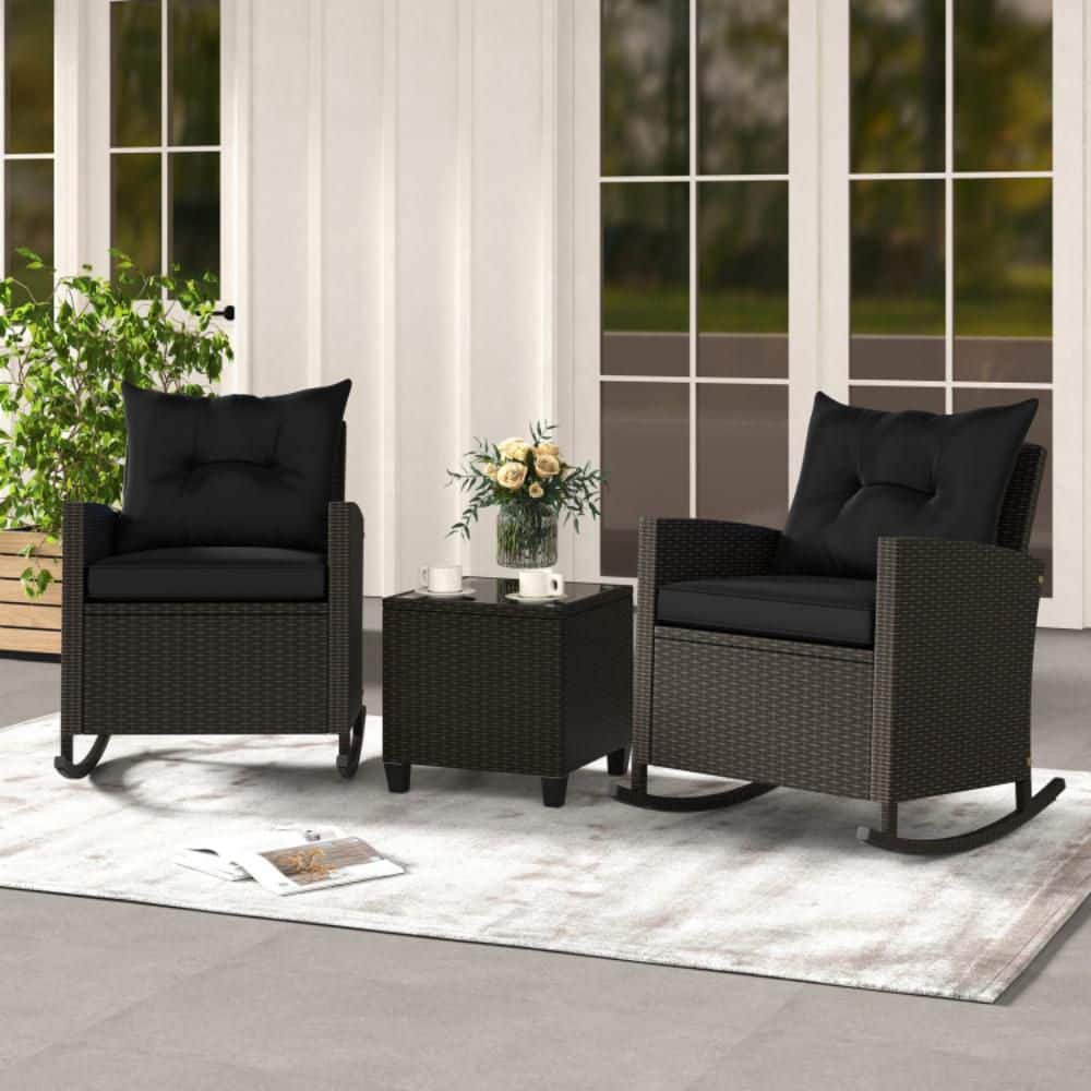 Kadehome 3-Piece Patio Rattan Wicker Outdoor Rocking Chair with Black ...