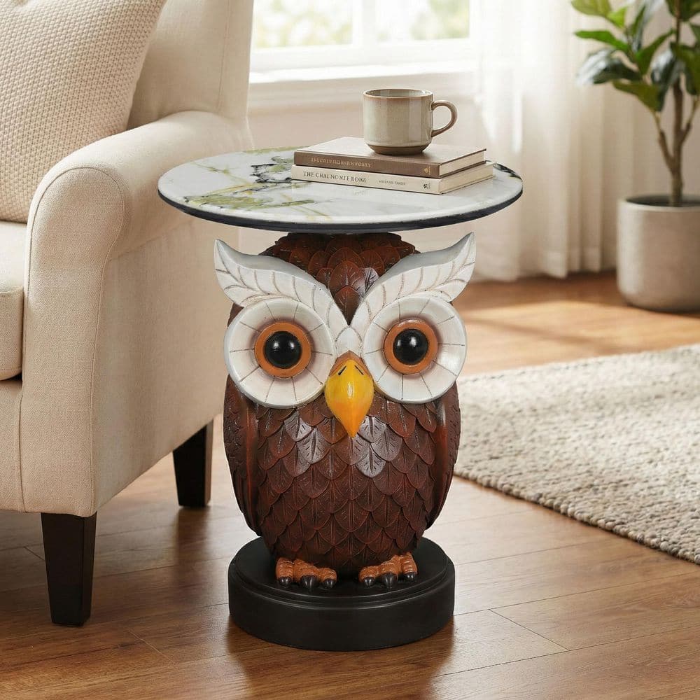 Seafuloy 19.69 in. Brown and White Owl Head Accent Table Animal ...