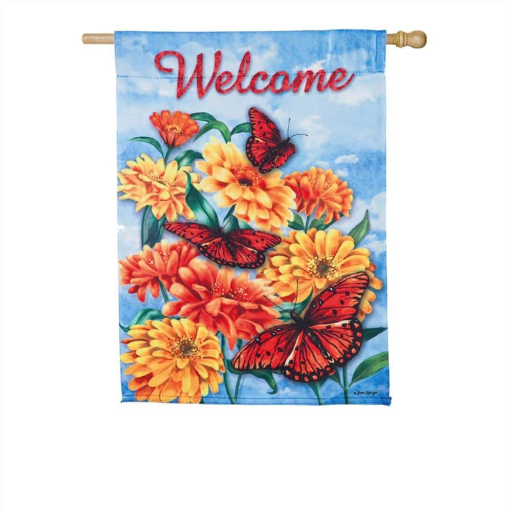 Evergreen 28 in. x 44 in. Zinnias and Butterflies Suede House Flag ...