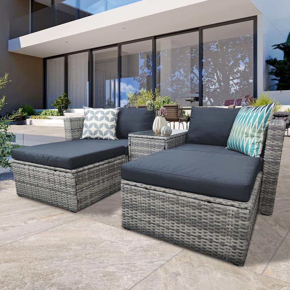 Zeus & Ruta Gray 5-Piece PE Rattan Wicker Outdoor Sectional Set with ...
