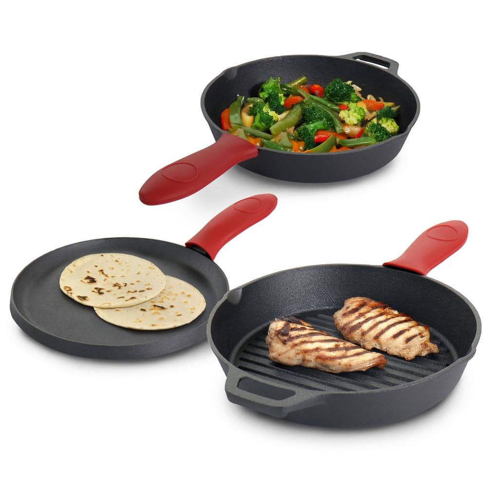 MegaChef Pre-Seasoned 6 Piece Cast Iron Cookware Set with Red Silicone ...