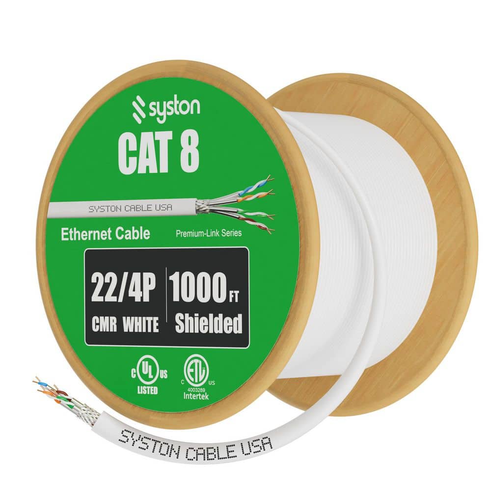 Syston Cable Technology 1000 ft. White CAT8 CMR 22 AWG Ethernet Cable Data Wire Bulk Raw ...