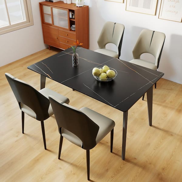 Magic Home 55 in. Black Sintered Stone with Gray Metal 4-Legs Dining ...