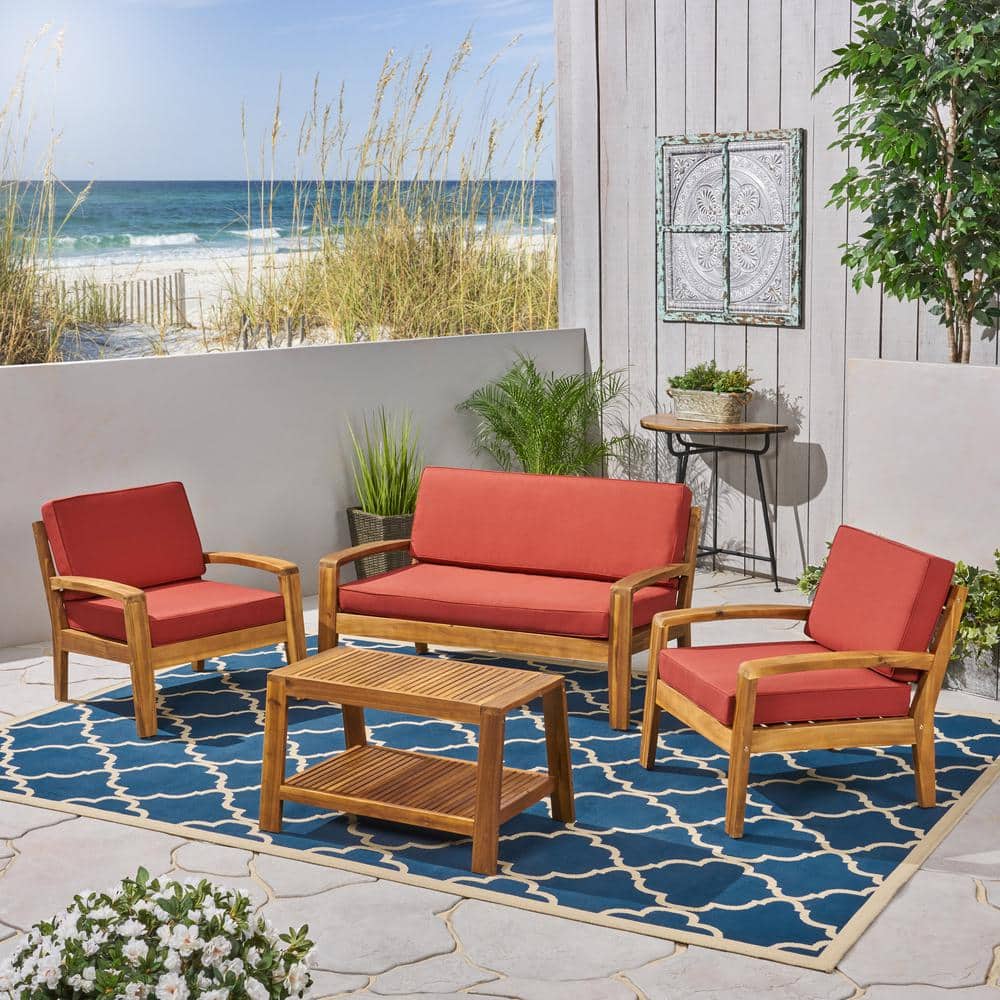 Noble House 4-Piece Wood Outdoor Patio Conversation Set with Red ...