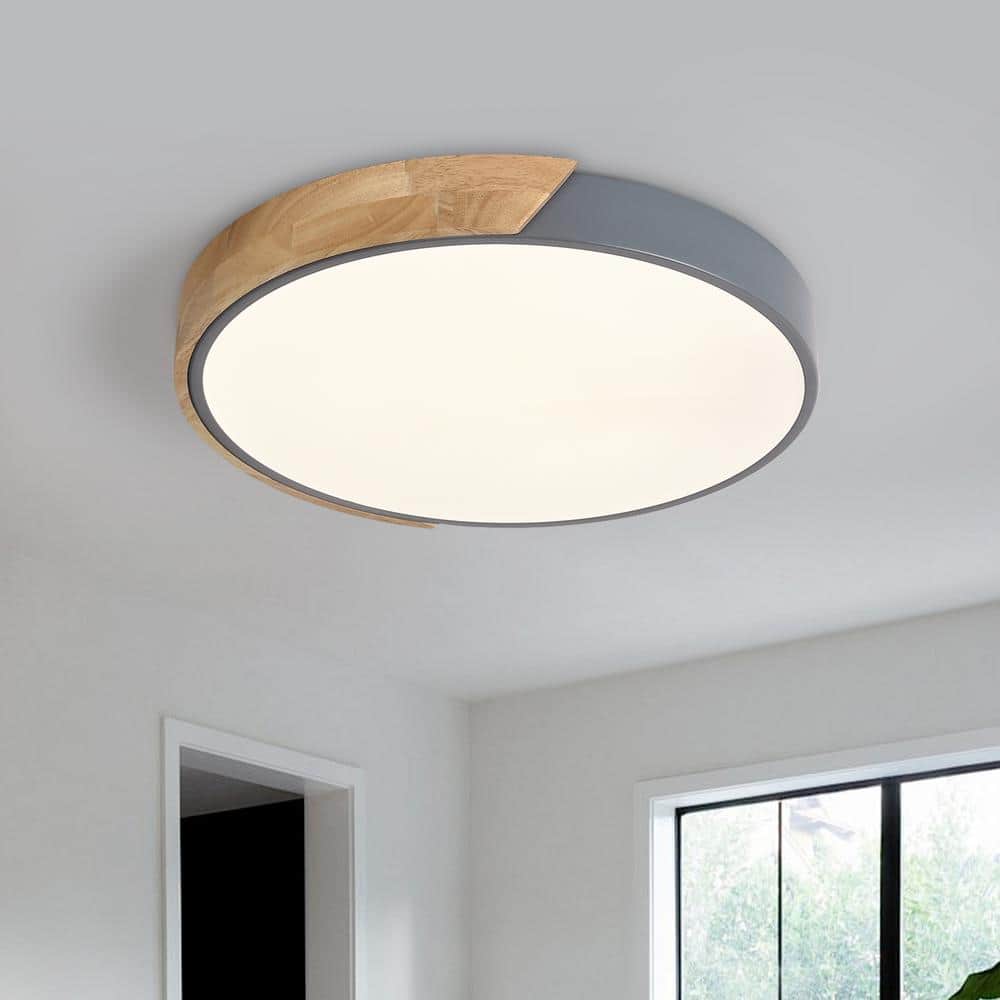 HUOKU Lumin 19.7 in. 1-Light Wood and Gray Finish Dimmable LED Flush ...