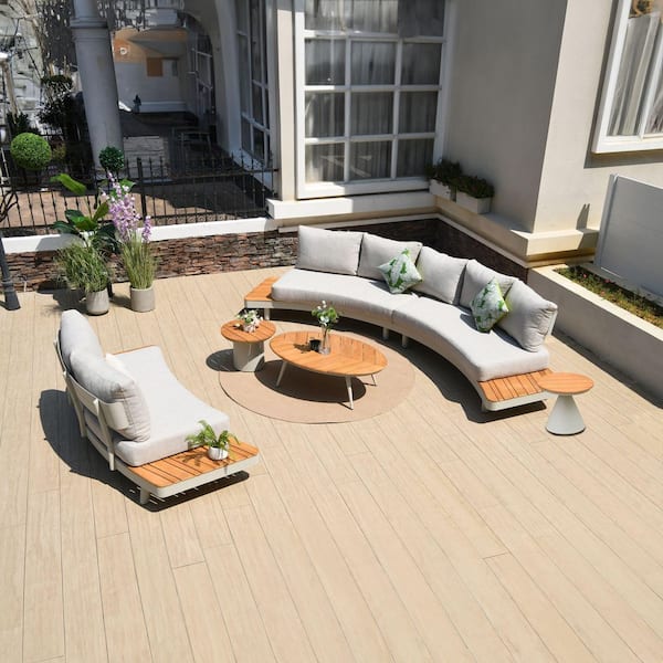 DEKO LIVING 6 Piece Outdoor Cream Aluminum and Teak Contour Sofa Set ...