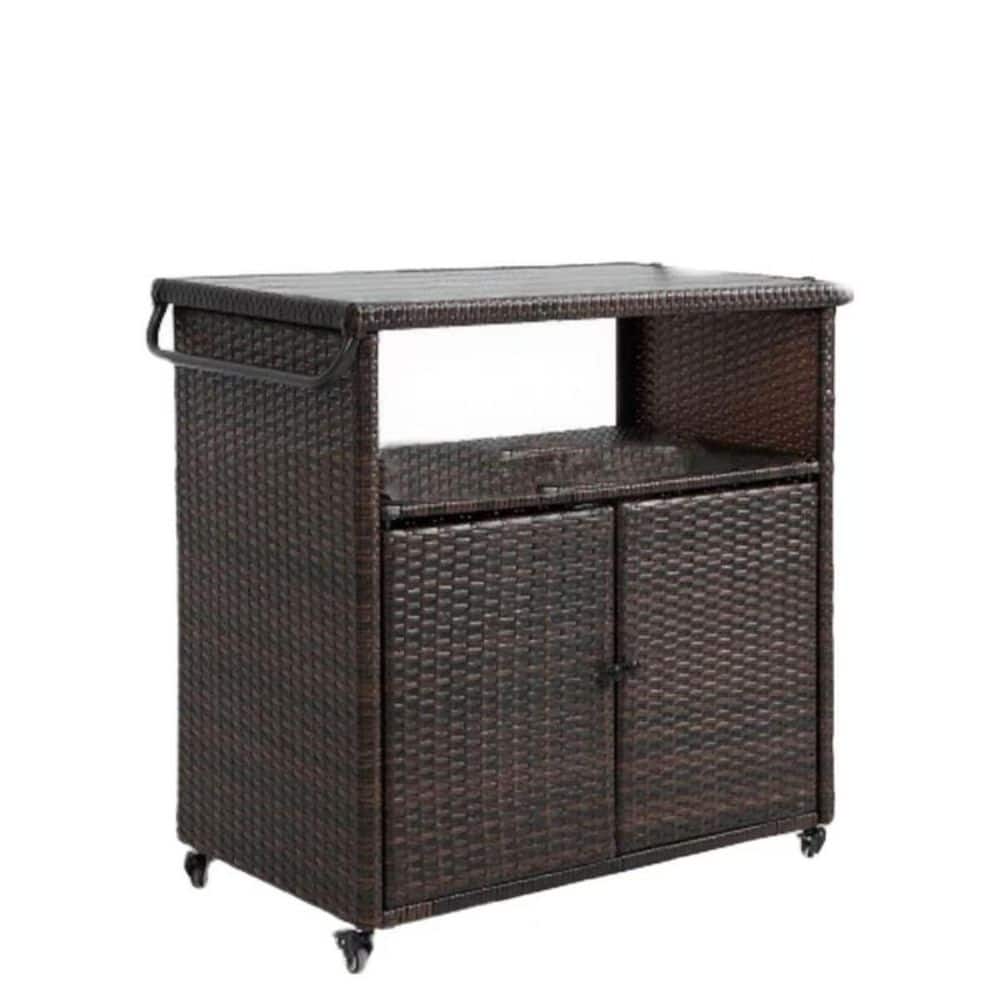 Black and Brown Wicker Outdoor Wine Serving Cart with Wheels, Glass Top ...