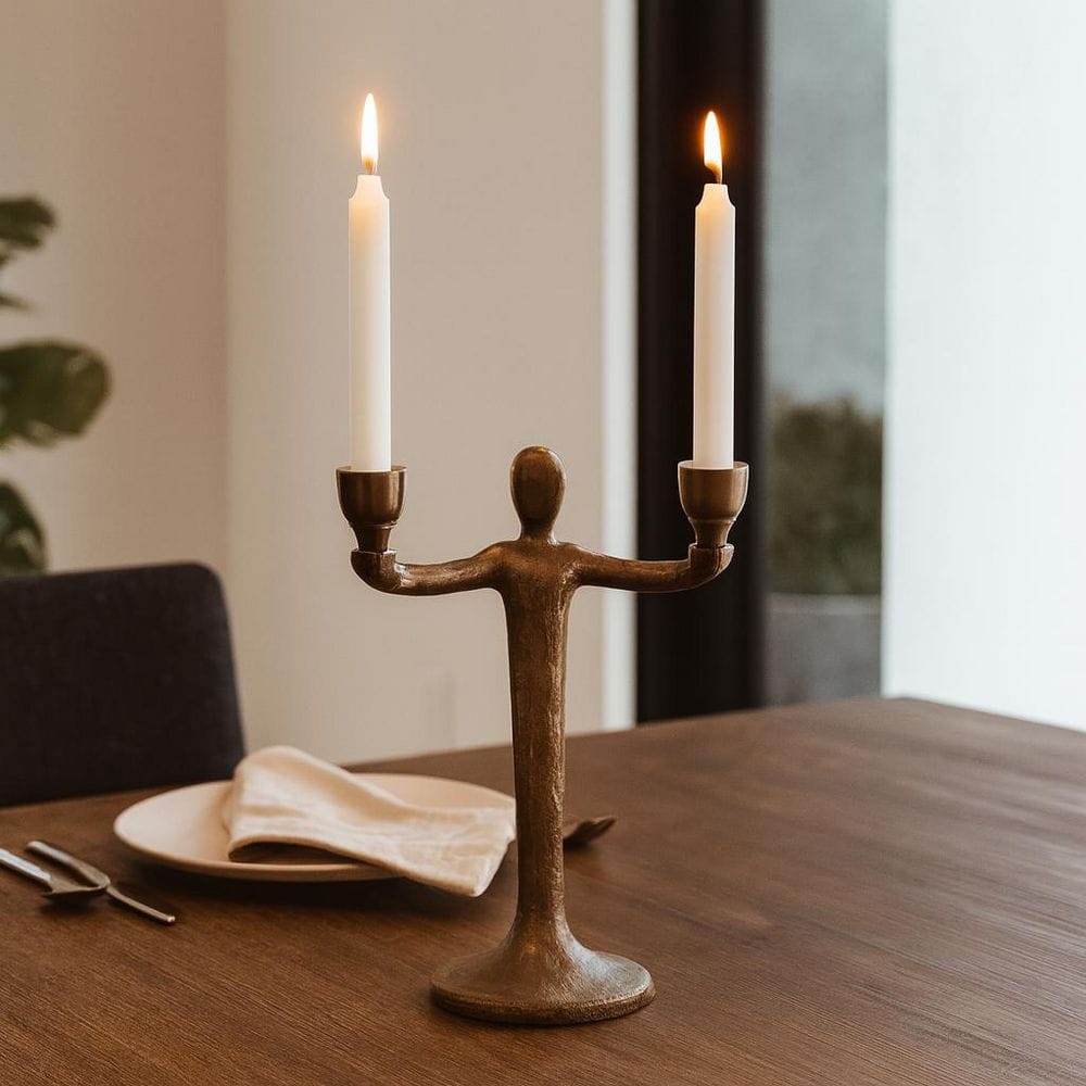 Liv & Skye Gold 12 in. Metal 2-Taper Candle Holder with Abstract Human ...