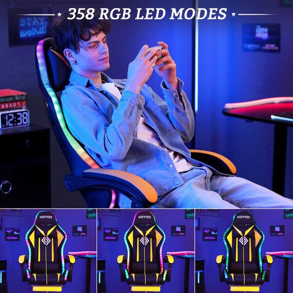 Yellow Black PVC Leather Massage LED Reclining Gaming Chair with Bluetooth Speaker with Footrest Headrest Lumbar Support