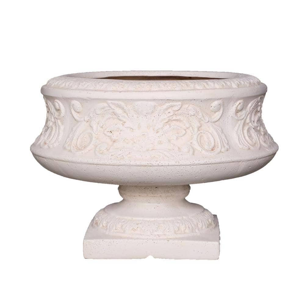 MPG 16.25 in. Dia Light Aged White Cast Stone Fiberglass Ornate Low Urn ...