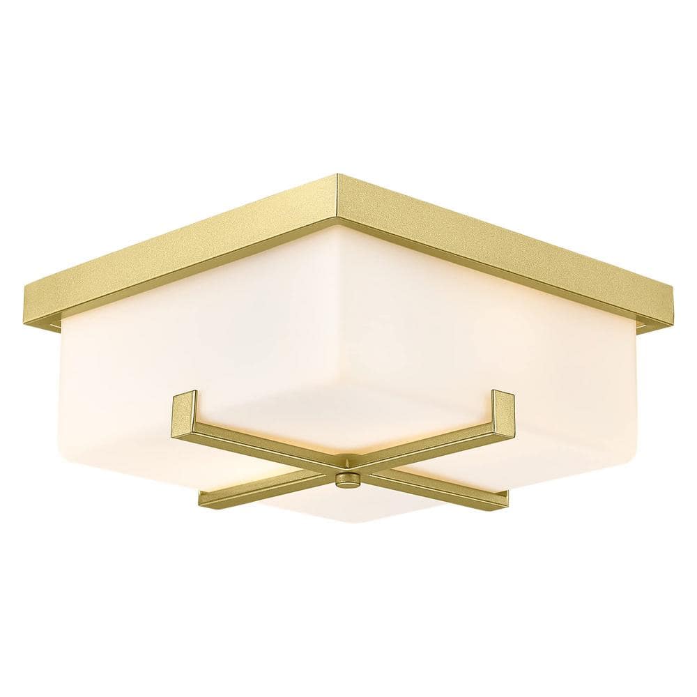 JAZAVA 11 in. 2-Light Gold Flush Mount With Frosted Glass Shade and No ...