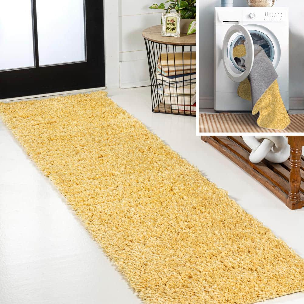 JONATHAN Y Yellow 2 ft. x 8 ft. Clayton Coastal Solid Glam Shag Machine ...