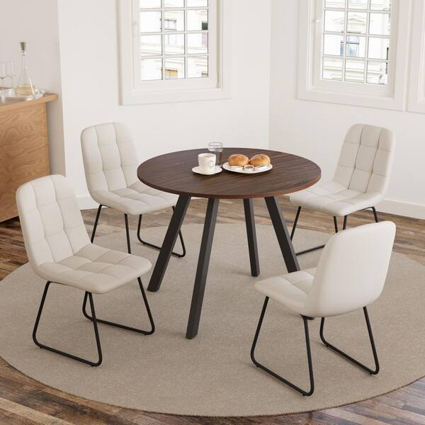 GOJANE 5-Piece 34.6 in. Modern Round Dining Table with Leather Chairs(Walnut Table+4 U-shaped ...