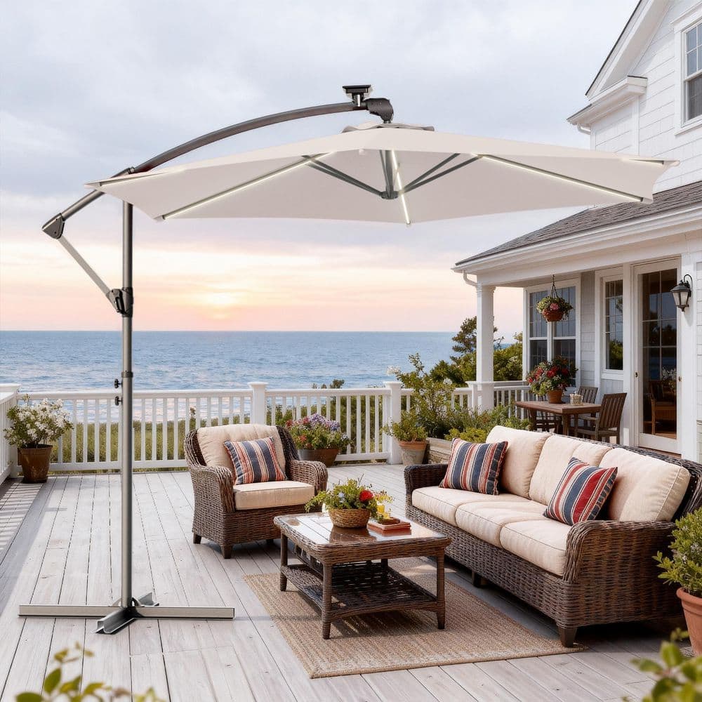 JOYESERY 10 ft. Solar LED Hexagon Steel Offset Patio Umbrella with ...