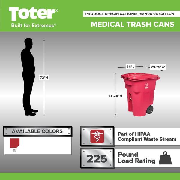 Toter 96 Gallon Red Hazardous Waste Trash Can/Garbage Can with Wheels ...