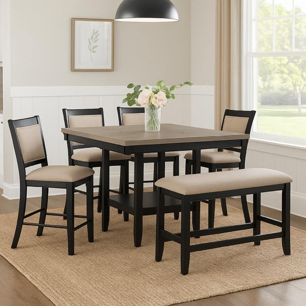 Benjara Filu 41 in. H Black and Light Gray Wood Bar Stool with Fabric ...