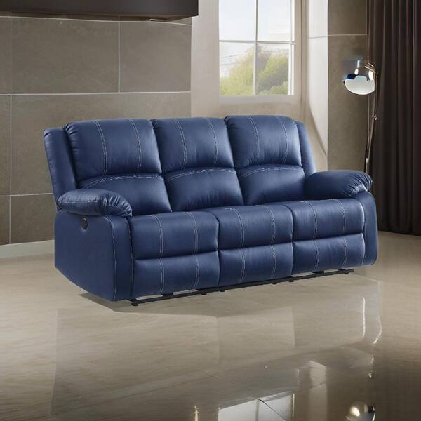 Benjara 81 in. Pillow Top Arm Leather Rectangle USB Port Sofa in Blue ...