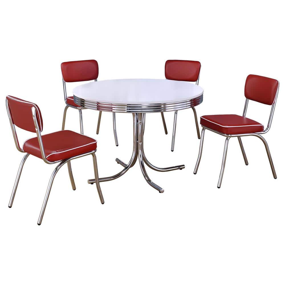 Coaster Retro 5-Piece Round White and Red Wood Top Dining Room (Set ...