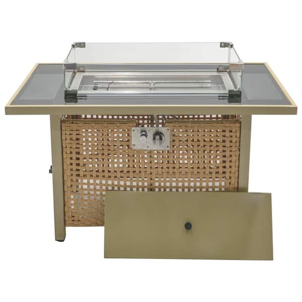 Rectangle Outdoor Fire Pit Table, 60000 BTU Fire Pit Table with Glass ...