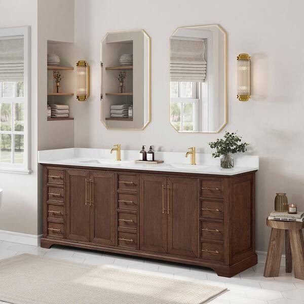 ROSWELL Tokyo 84 in. W. x 22 in. D x 33.9 in. H Double Bath Vanity in Aged Dark Brown Oak with Silk White Quartz Stone Top 807384 AD BH The Home Depot