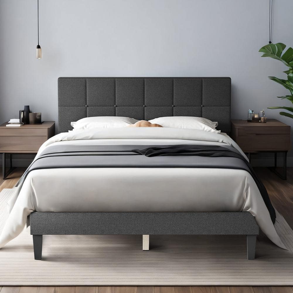 WONDER COMFORT Dark Gray Wood Frame Full Platform Bed with Linen ...