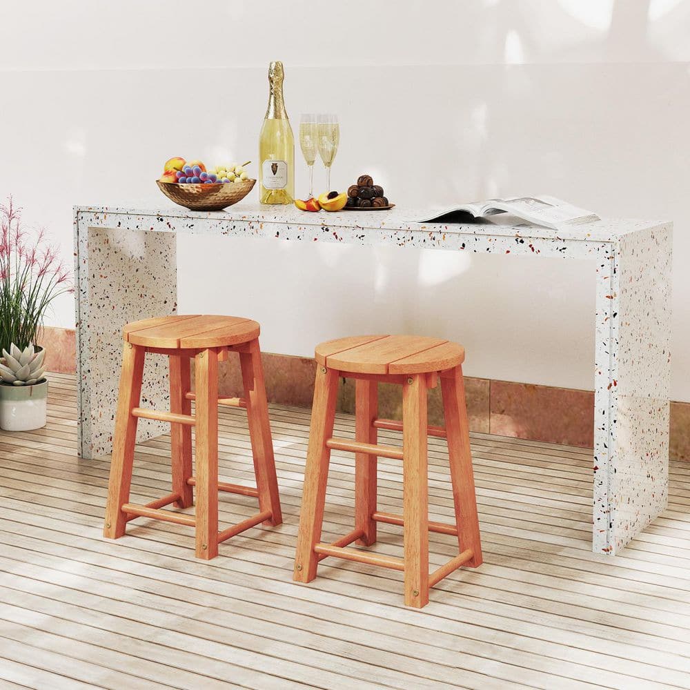 Gymax Outdoor Wood Bar Stools Set of 2 w/Round Seat Footrest Patio ...
