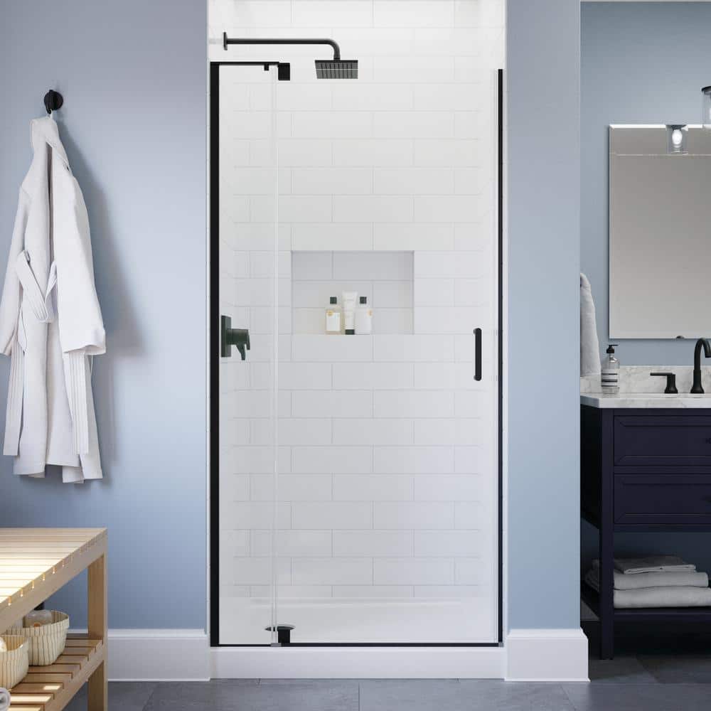 Delta Wilder 30 in. to 36 in. Frameless Pivot Shower Door in Black with ...