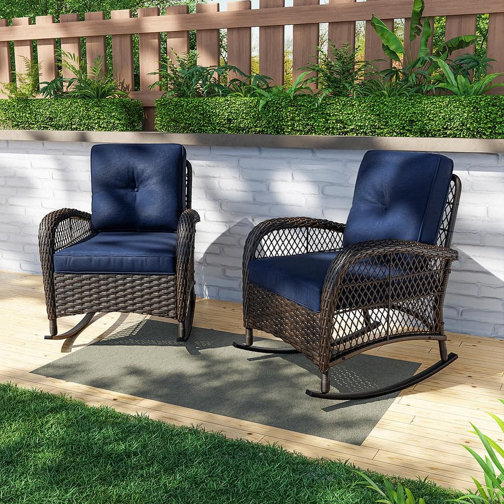 INMITOM 2-Piece Wicker Outdoor Rocking Chair Lounge Chair Patio with Blue Cushion HD1-A-M59B-2P ...