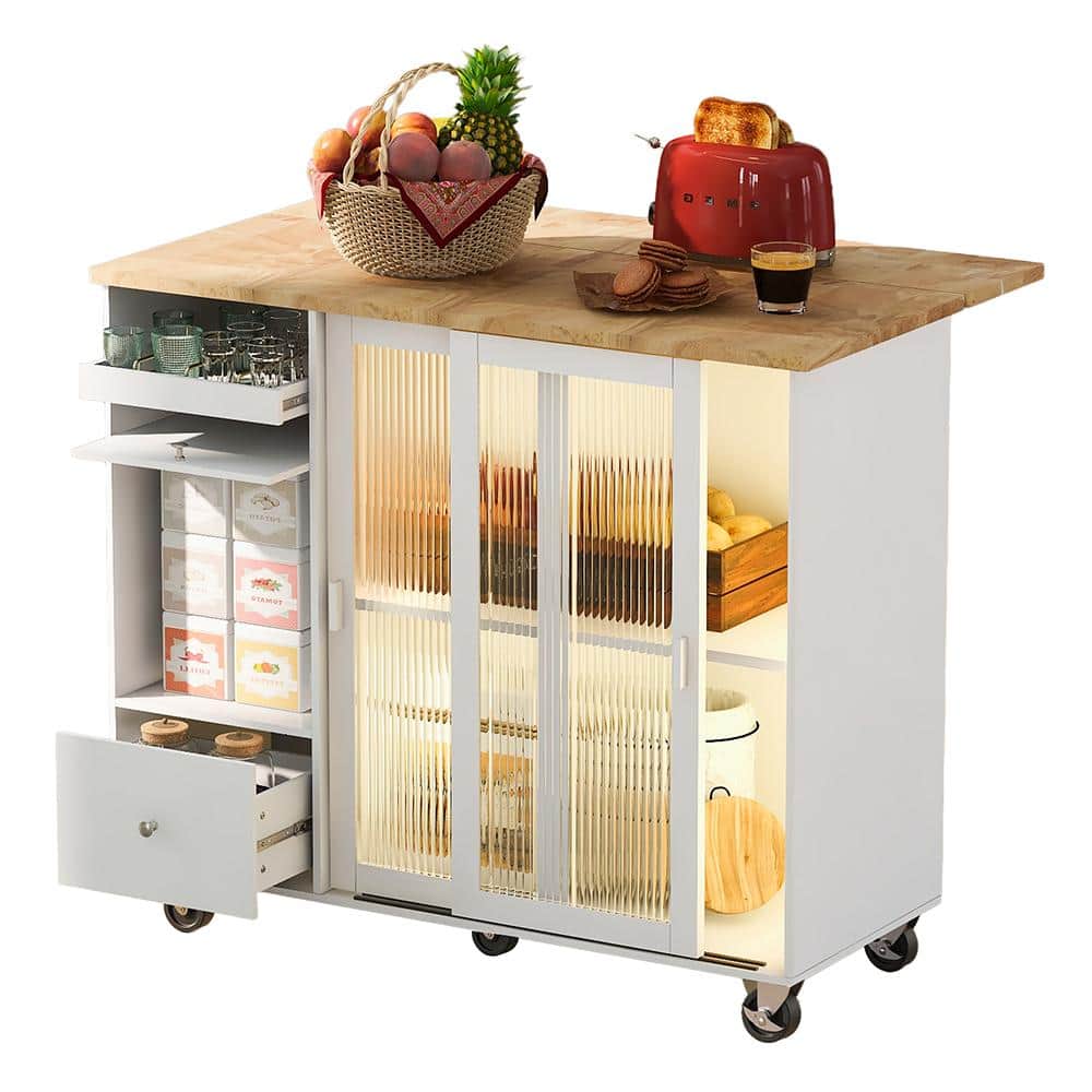 YOFE White Kitchen Island Cart with Drop Leaf, Kitchen Cart with LED ...