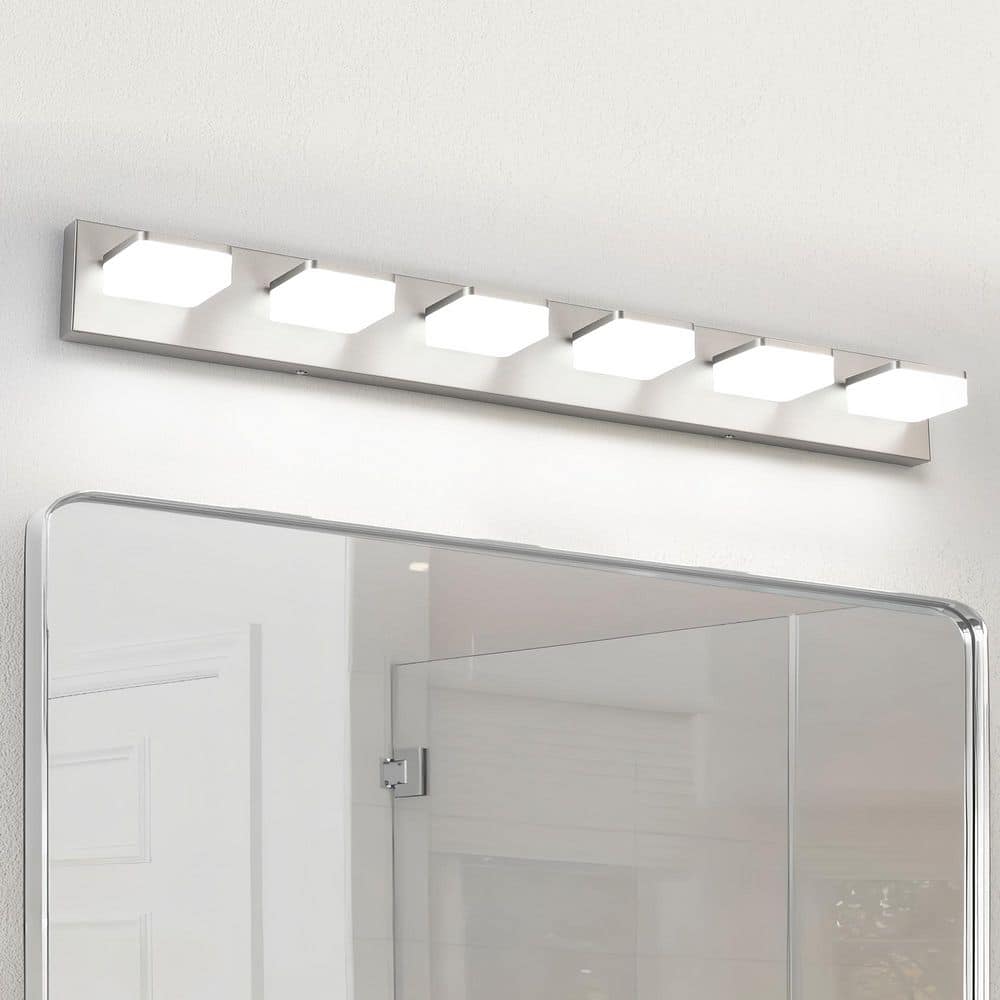 JUSHENG 38.98 in. 6-Light Nickel LED Vanity Light with Dimmable 5500K ...