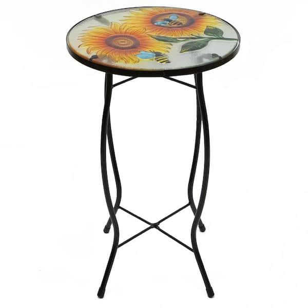 Northlight 19 in. Sunflower and Bumblebee Glass Patio Side Table ...