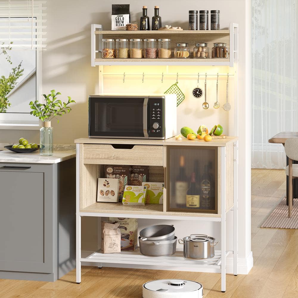 Bestier 32.9 in. Oak Kitchen Baker's Rack with Drawer, Moru Glass Door ...