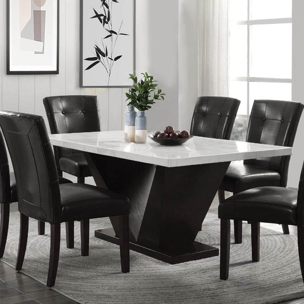 Benjara Walnut Brown and White Marble Top Pedestal Base Dining Table ...