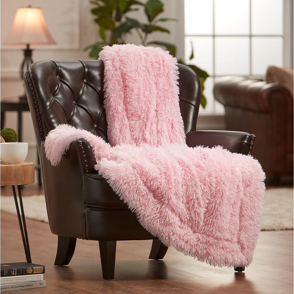 CHANASYA Solid Pink Shaggy Faux Long Fur Polyester Throw Blanket 90 in ...