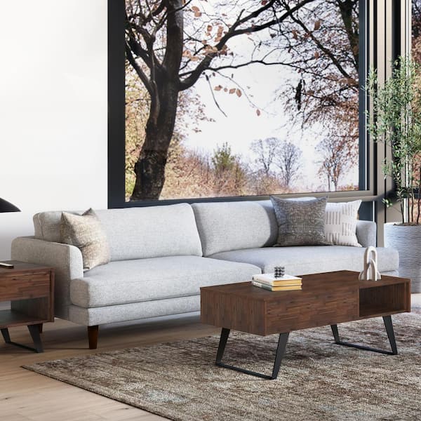 Simpli Home Livingston Mid Century Modern 90 in. Straight Arm Woven Blend Fabric Wide Rectangle Sofa in Mist Grey AXCSOFLIV83 MG