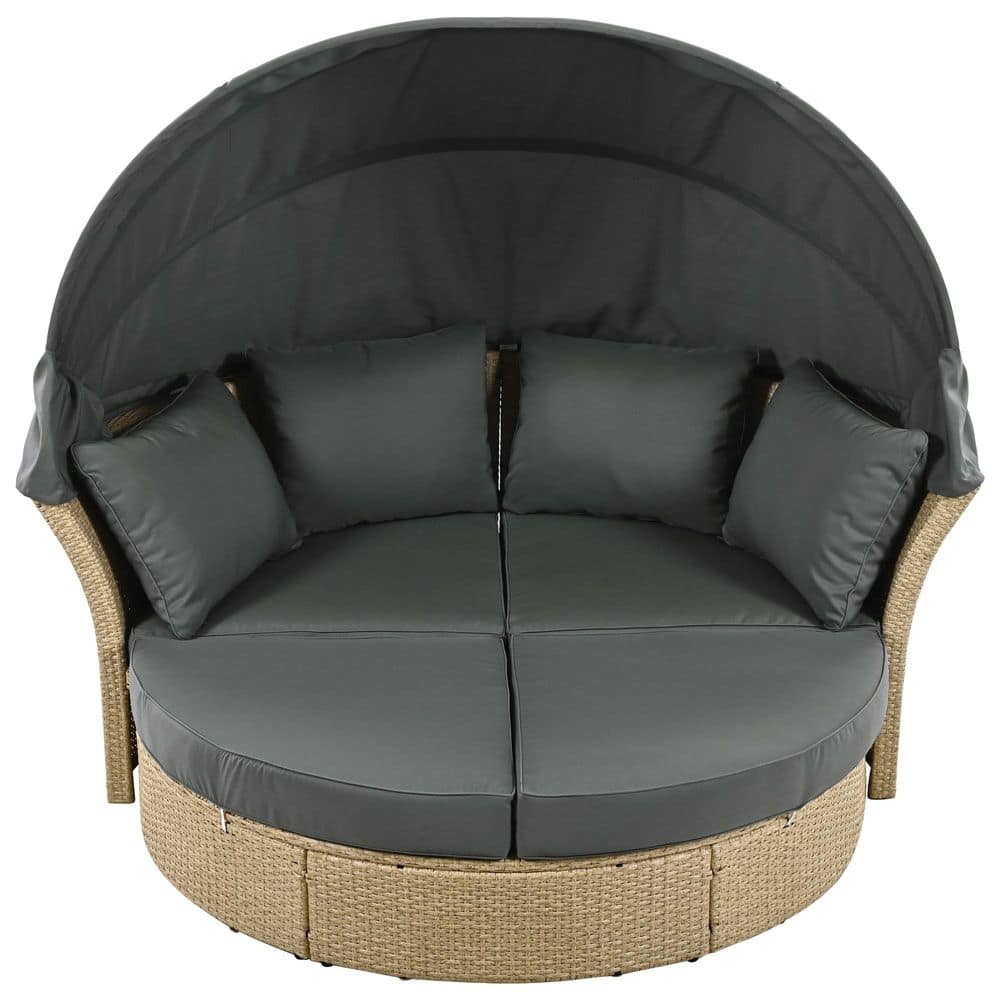 Nestfair Patio Wicker Outdoor Round Day Bed with Retractable Canopy and ...