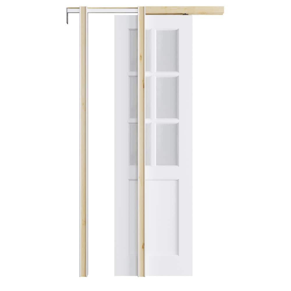 ARK DESIGN 24 in. x 80 in. 6-Lite Frosted Glass White Primed MDF Pocket ...